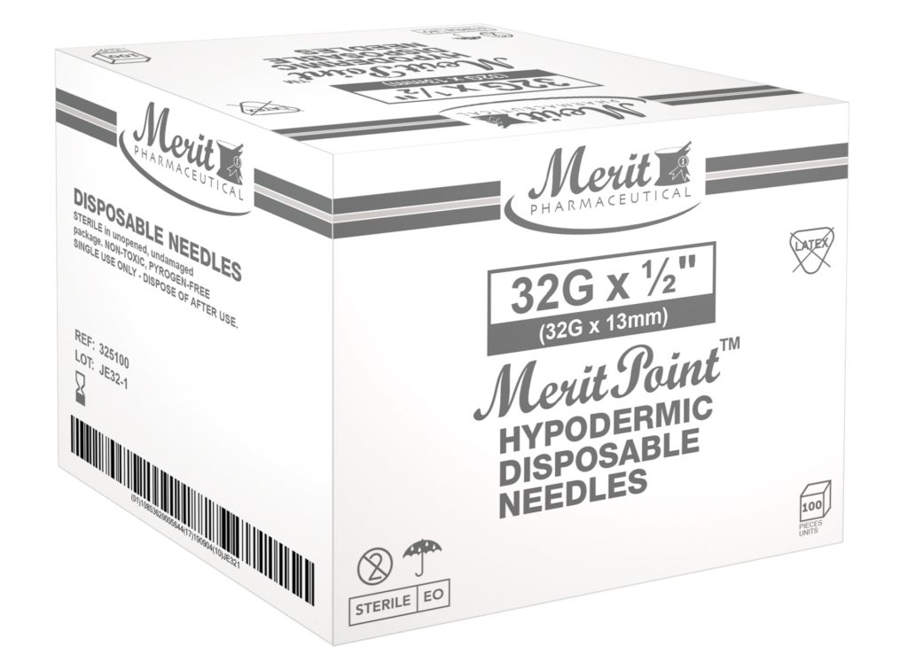 32G x 13mm 32G x 1/2" 100/Box Hypodermic Needles - Merit Pharmaceutical