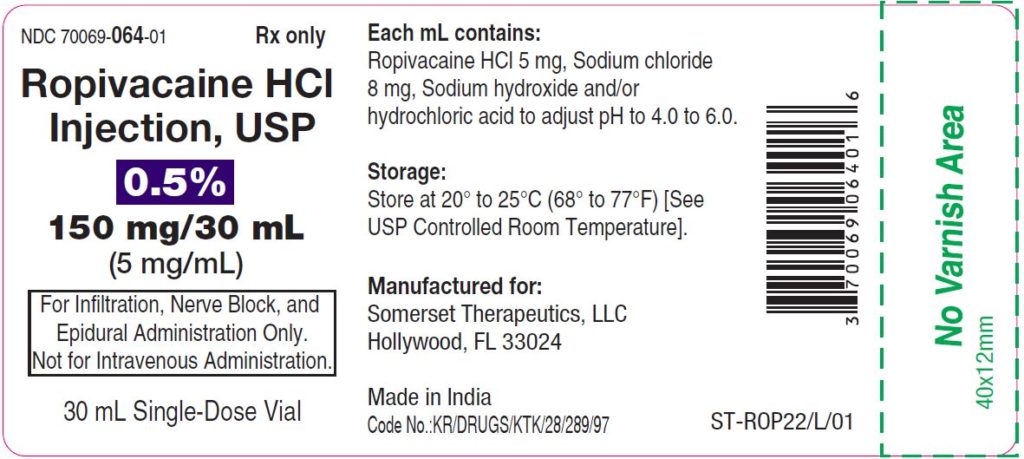 Ropivacaine HCl Injection 0.5% 150mg/30mL, 30mL SDV - Merit Pharmaceutical