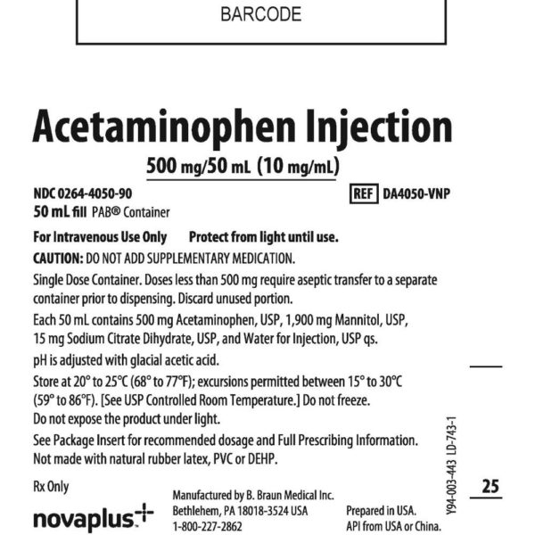 Acetaminophen Injection 500 mg/50 mL 1 X 24 X 50mL - Merit Pharmaceutical